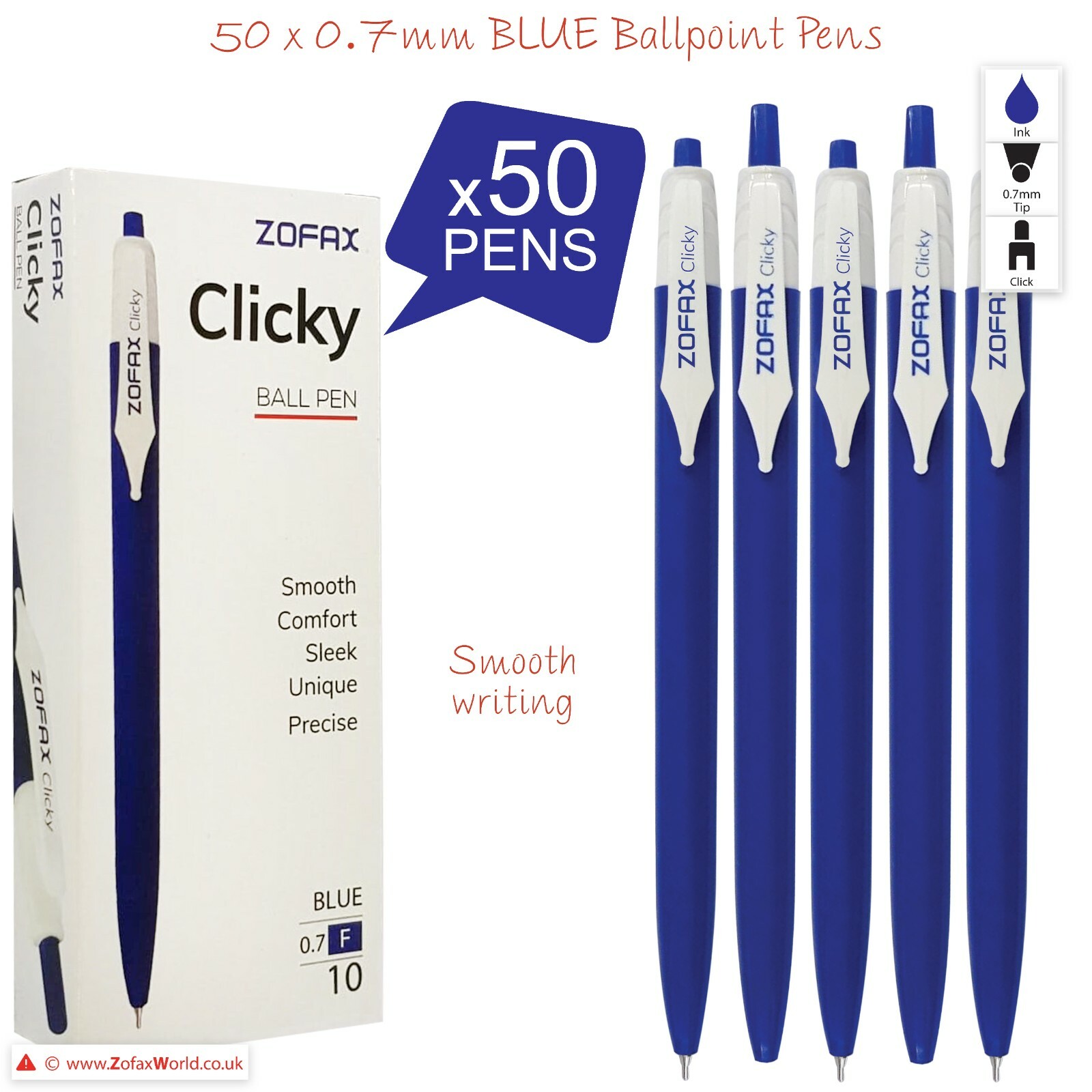 ZOFAX Clicky 0.7mm Fine Tip BLUE Smooth Retractable Ballpoint Pens ...