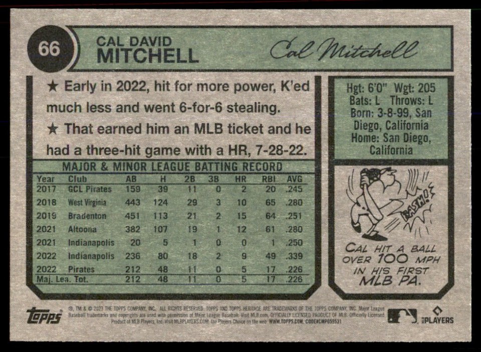 Cal Mitchell 2023 Topps Heritage Rookie Card RC #66 Pittsburgh Pirates ...