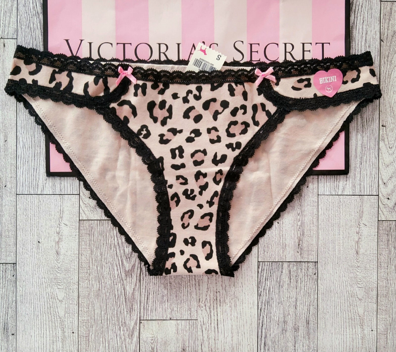 NWT Victoria's Secret PINK Leopard Black Scalloped Lace Bows S Bikini ...