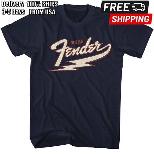 Fender Guitar T-Shirt 1946 LIGHTING BOLT Official Logo New Navy Cotton ...