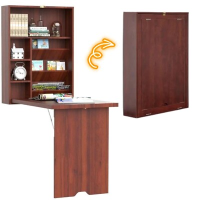 HOMCOM Wall Mounted Desk Convertible Fold Out Office Table W/Shelves ...