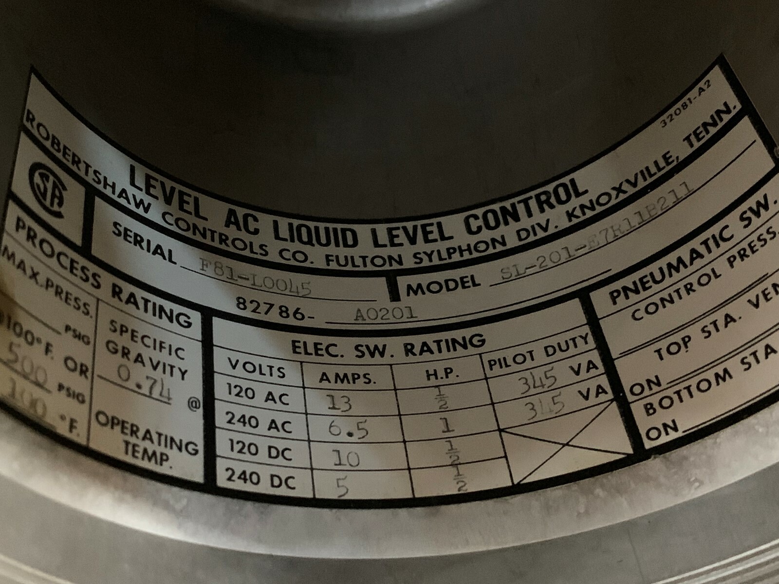 NO BOX ROBERTSHAW LEVEL AC LIQUID LEVEL CONTROL SL-201-E7R11B211 for ...