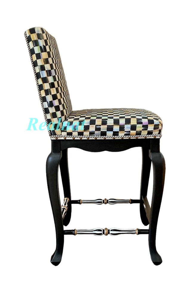 MacKenzie-Childs Courtly Check Black Counter Stool W/ Back Barstool New ...
