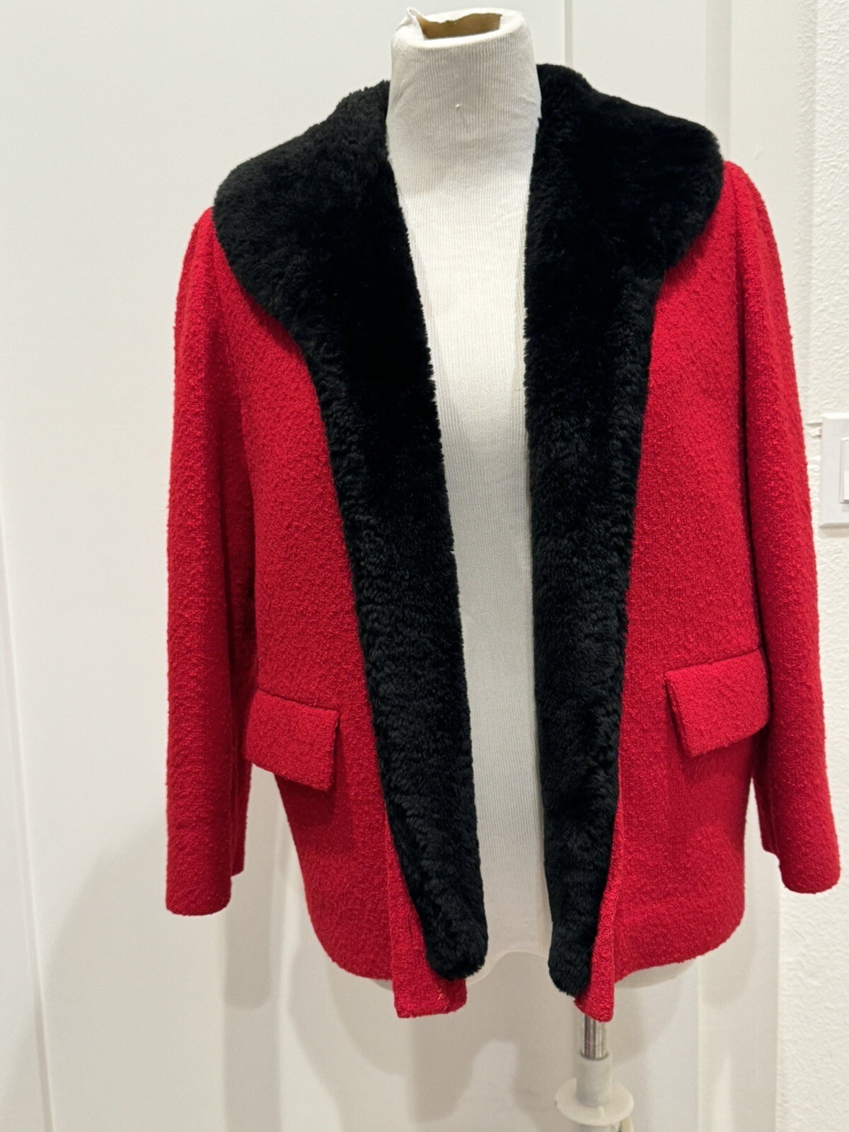 Vintage Red Wool Coat Black Faux Fur Lined - Gem