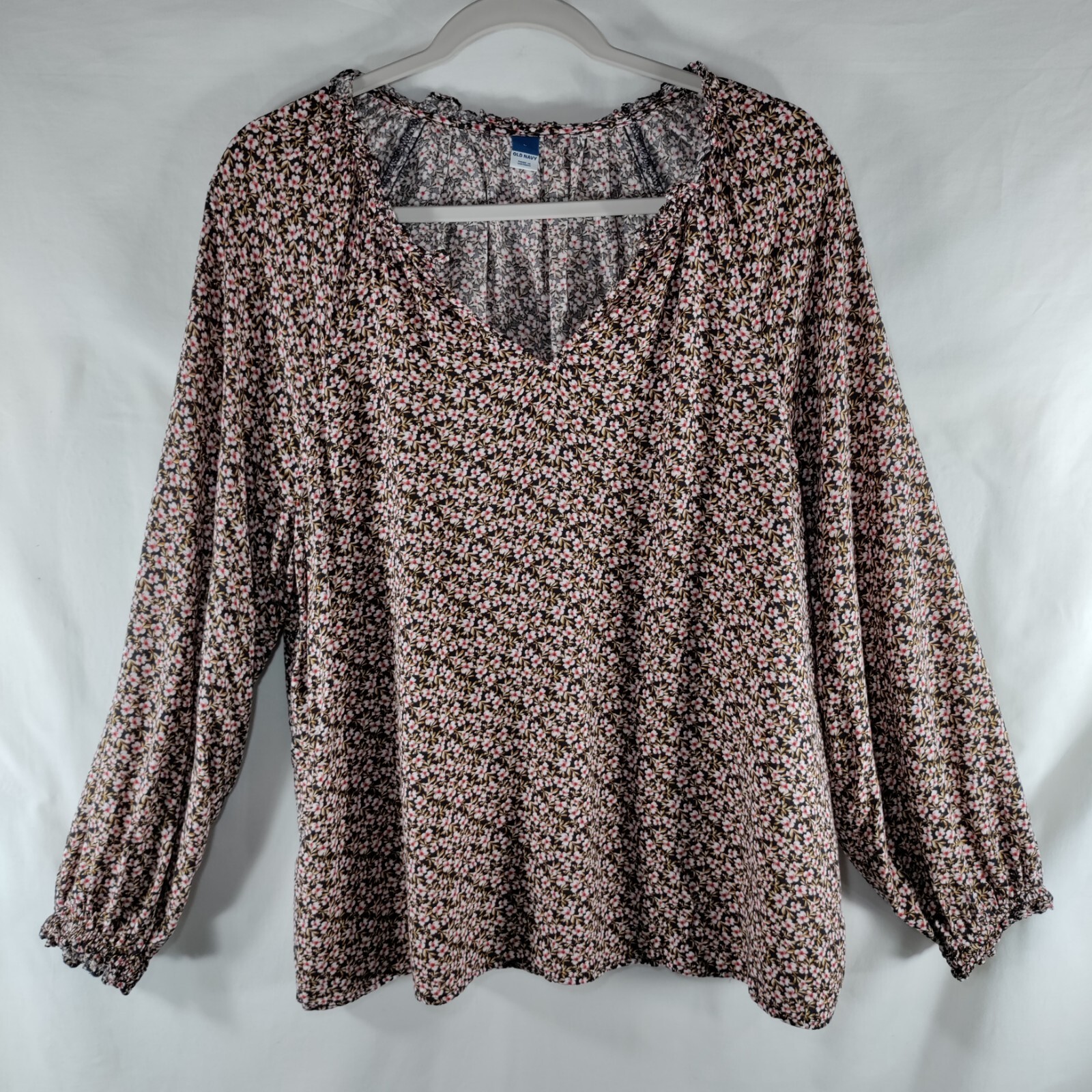 Old Navy Tunic Top Womens L Black Pink Floral Long Sleeve Ruffle V-Neck ...