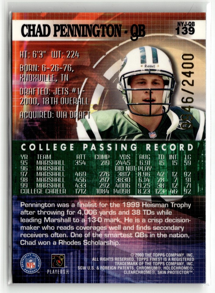 Chad Pennington Rookie 2000 Finest #139 #/2400 | eBay