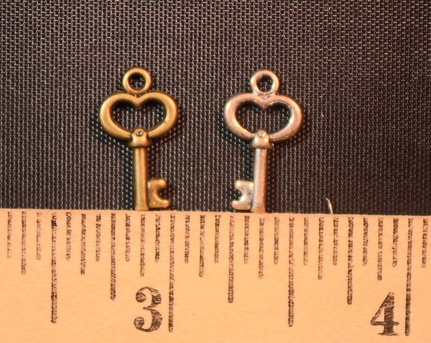 Small Heart Shaped Skeleton Key 2 pc Charm Set Antiqued Silver & Brass ...