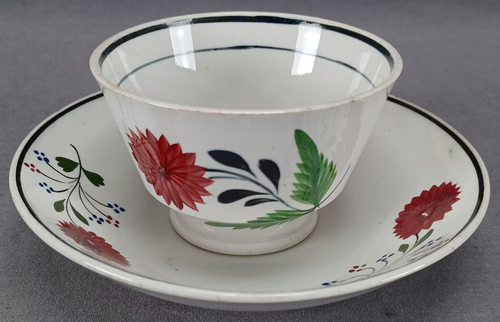 British Hand Enameled Red Floral & Black Trim Pearlware Tea Bowl ...