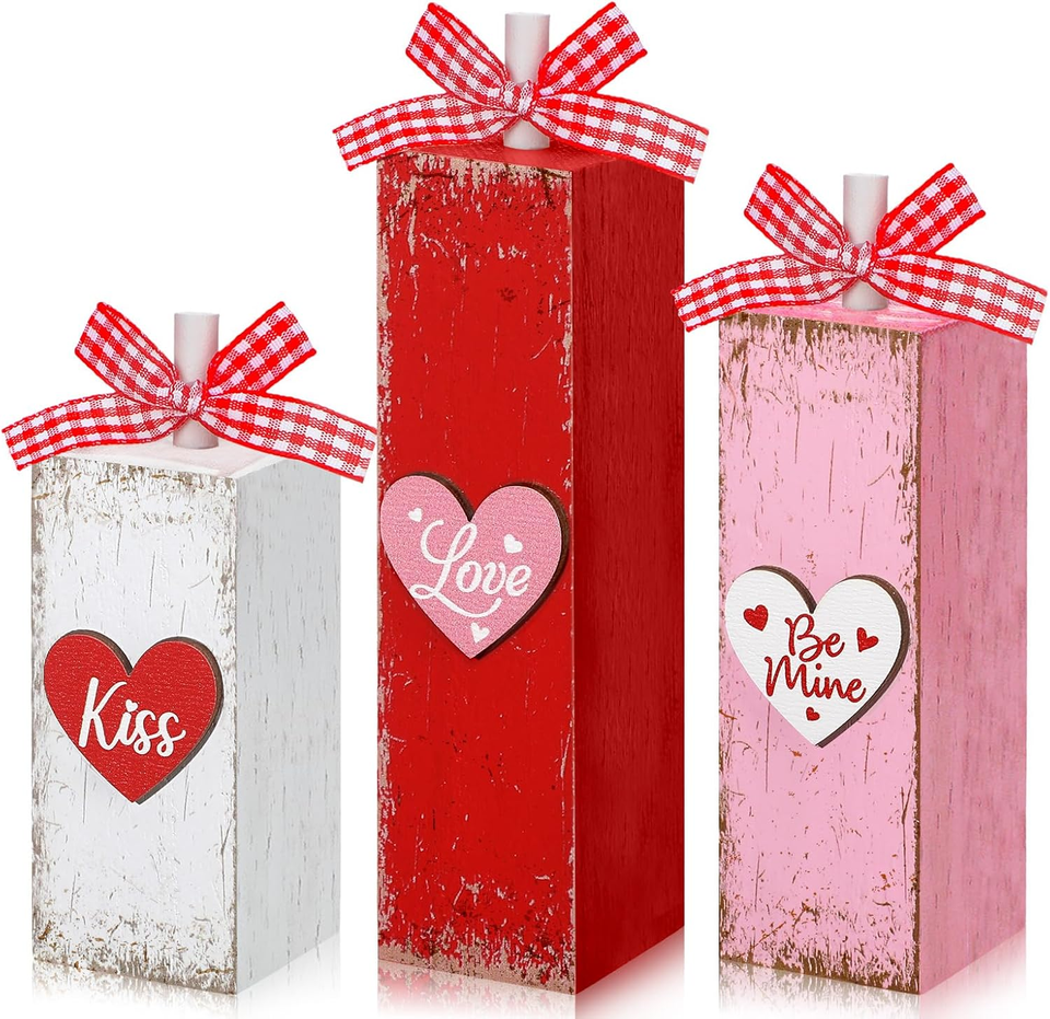 3 Pcs Valentine'S Day Decorations for Home Valentines Wood Heart Block ...