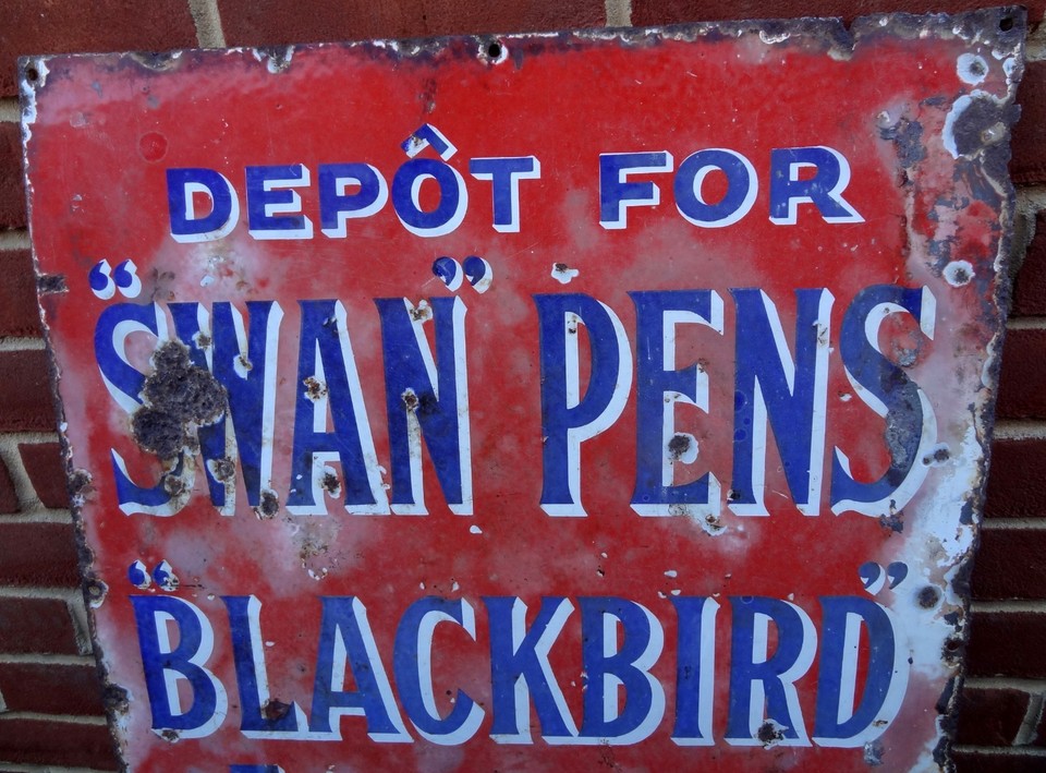 Rare Original Pre-War 40" x 22" Enamel Sign Advertising Swan Ink & Pens ...