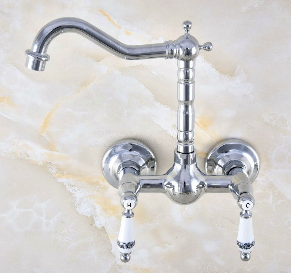 Polished Chrome Wall Mounted Dual Ceramic Handles Bathroom Basin Sink ...