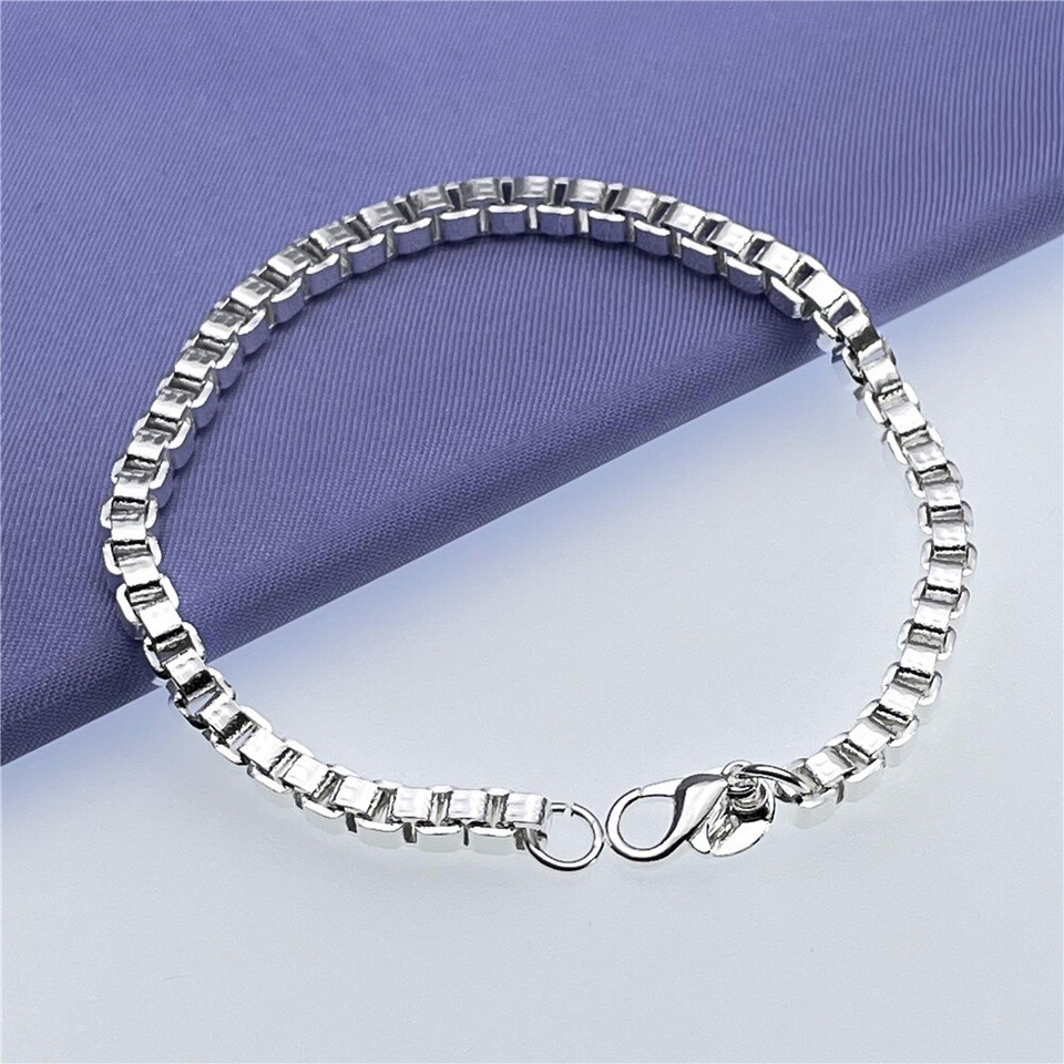 Fashion 4MM Silver Square Box Chain Women 925 Pendant Bracelet Chain ...