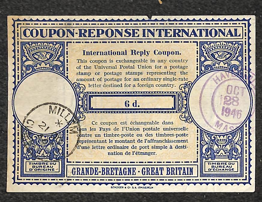 IRC INTERNATIONAL REPLY COUPON GREAT BRITAIN 6d TYPE B5 1946 TO USA ...