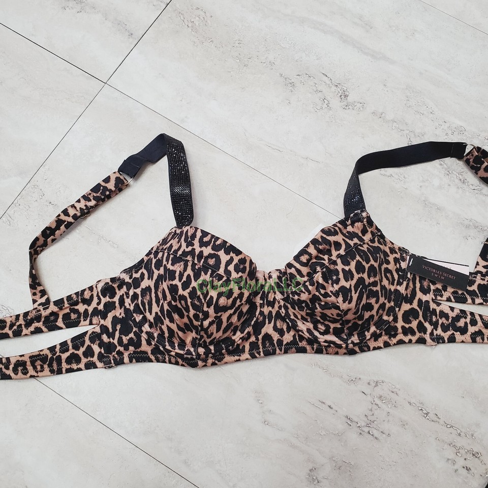 Victoria's Secret Shine Strap Wicked SWIM Top rhinestones logo leopard ...