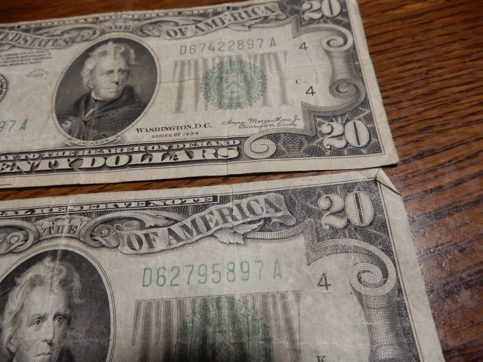 1934 SERIES D RARE LOT OF 2 - $20 DOLLAR BILLS RARE SERIAL NUMBERS ...