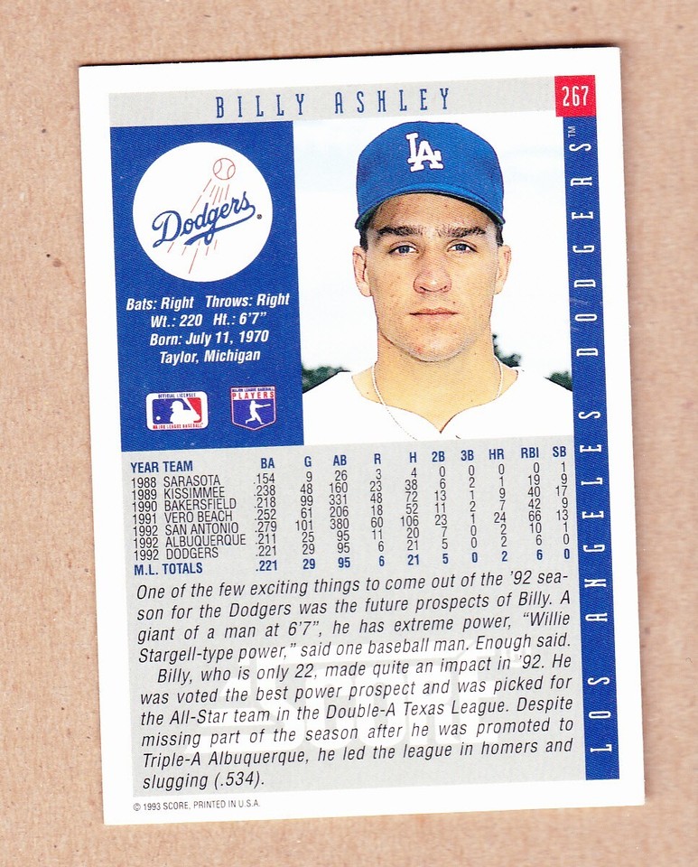 Billy Ashley signed 1993 Score card #267-Los Angeles Dodgers | eBay