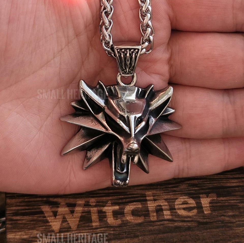Wolf Head Witcher Necklace Stainless Steel Large Pendant Chain Wizard ...