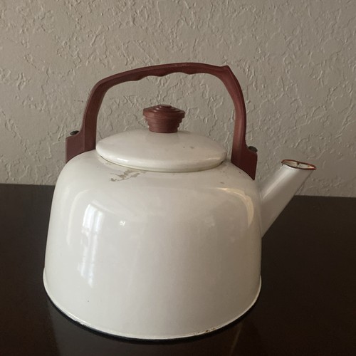Vintage White Enamelware Tea Kettle Teapot with Red Trim, Brown Wooden ...