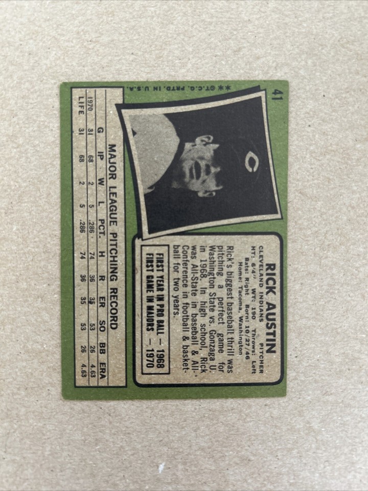 1971 Topps Baseball Rick Austin Cleveland Indians Card #41 | eBay