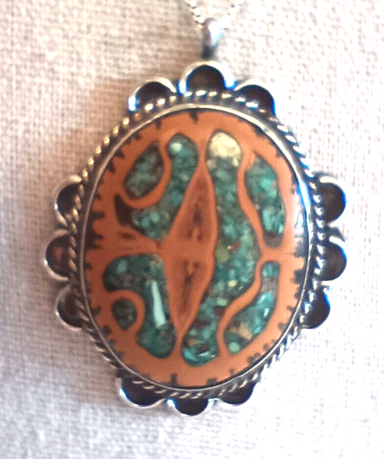 Sterling Silver Necklace with Walnut Shell Slice and Turquoise Chip ...