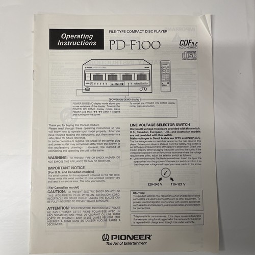 Operating Manual Instructions For Pioneer PD-F100 100 Disc CD Player ...