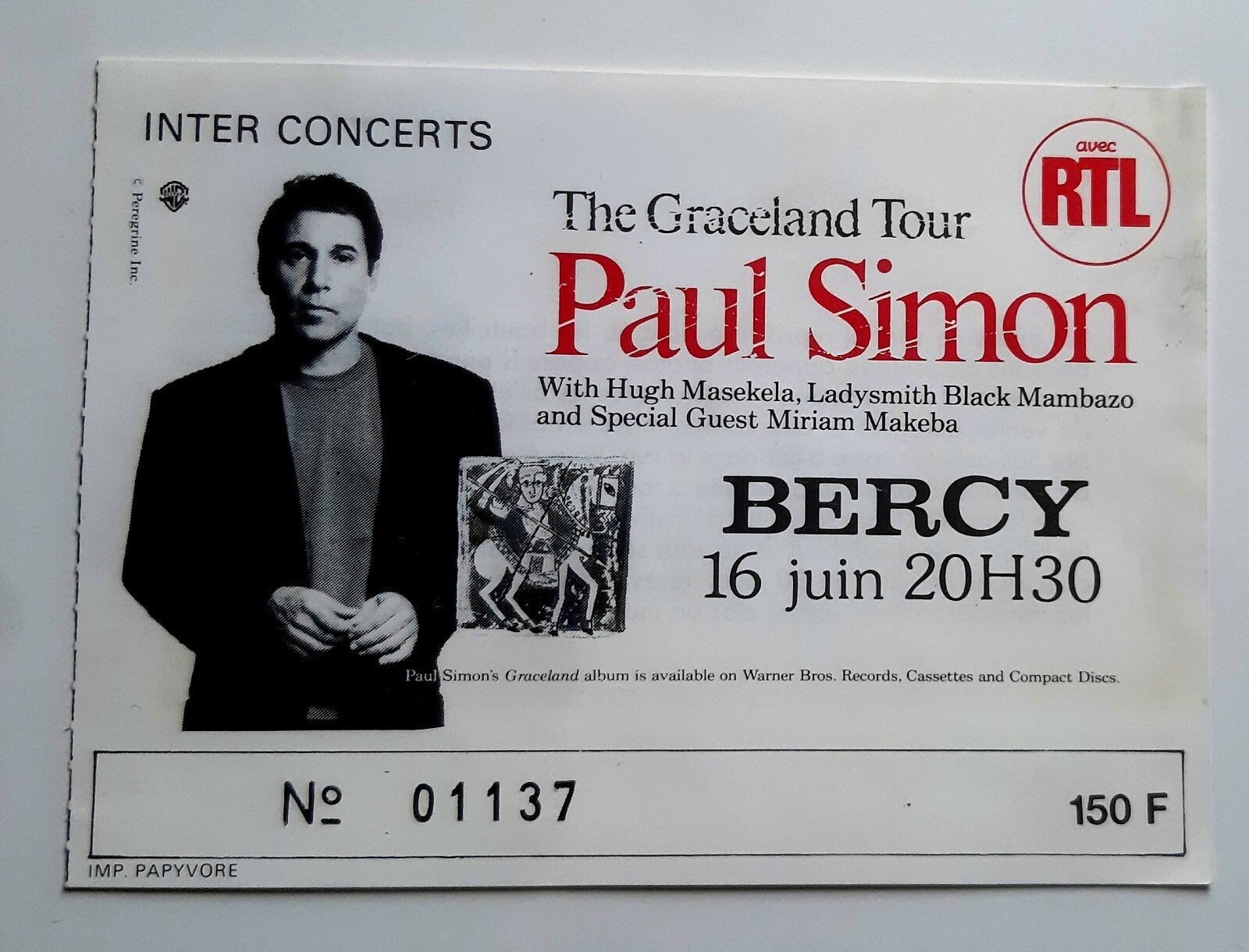 ticket billet used stub place concert PAUL SIMON 1989 PARIS graceland ...