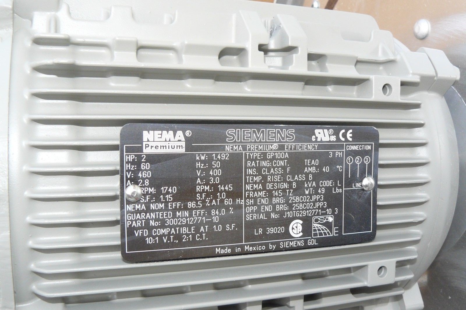 SIEMENS GP100A 2HP MOTOR 460V/60HZ/1740RPM 400V/50HZ/1445RPM W/ BLOWER ...