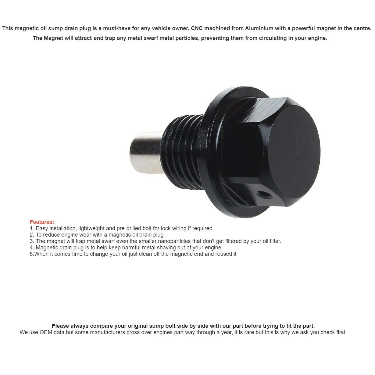Black Magnetic Oil Drain Sump Plug for BMW 3 Series E90 335i 2006 ...