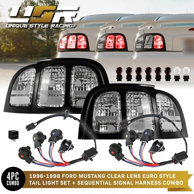 CLEAR Tail Light Set w/ SEQUENTIAL Harness For 1996-1998 Ford Mustang ...
