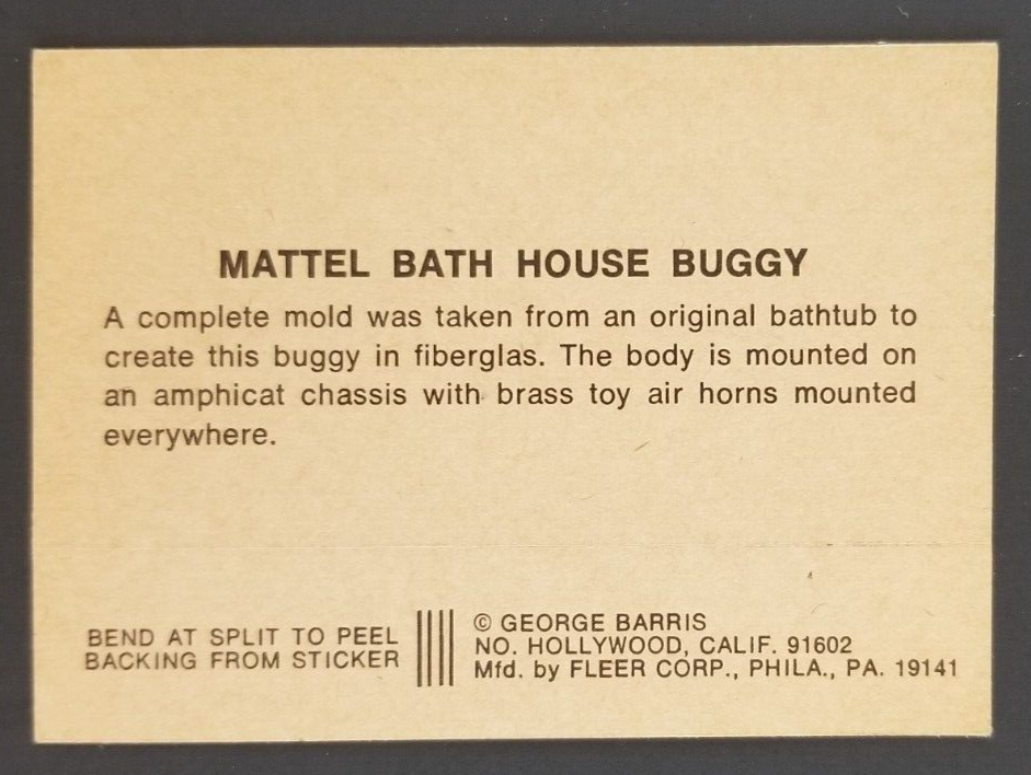 Mattel Bath Buggy 1975 Fleer George Barris Kustom Cars Sticker Card (NM ...