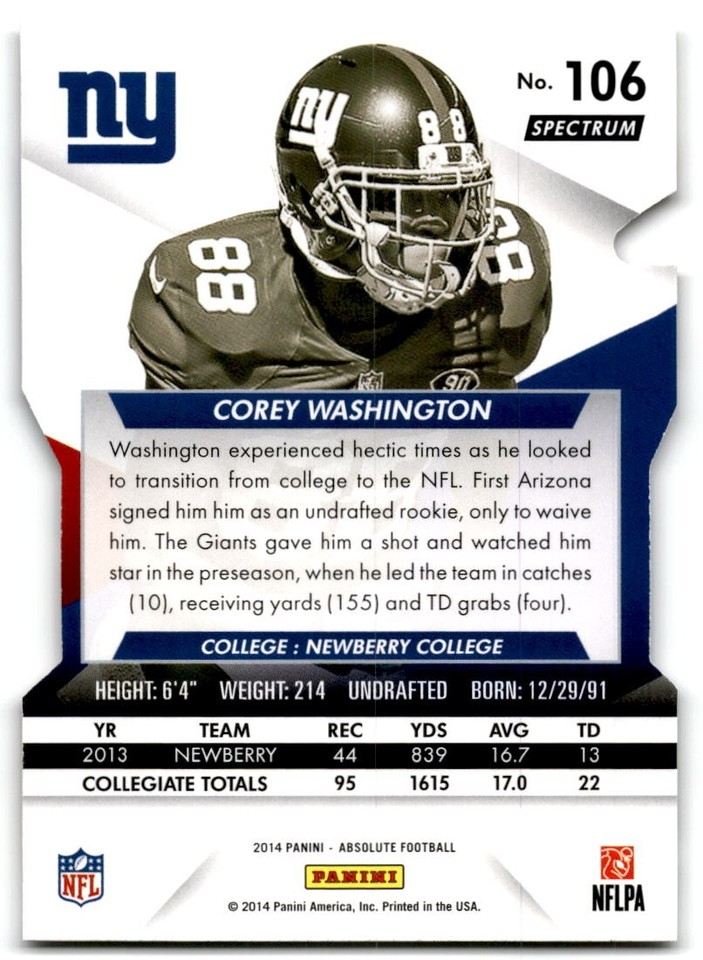 2014 Panini Absolute #106 Corey Washington Die Cut Retail Blue | eBay