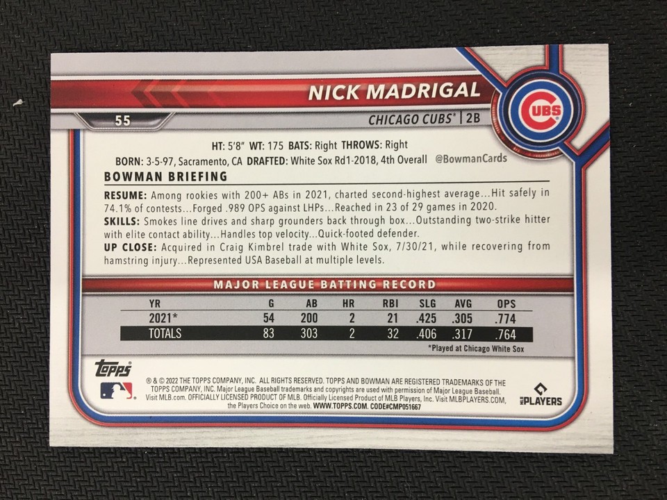 2022 Bowman #55 Nick Madrigal Purple Border /250 Chicago Cubs | eBay