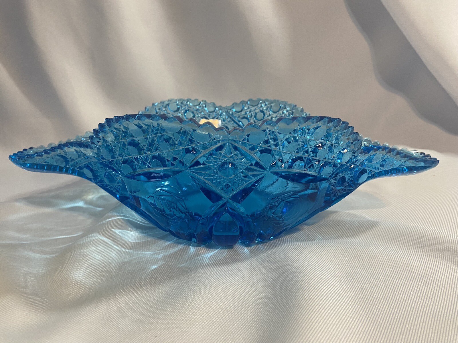 Vtg Kemple Glass Wheaton Display Bowl Blue Cane Band Rose 14.5” Long ...