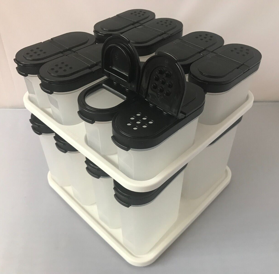 TUPPERWARE SPICE SHAKERS & CAROUSEL SET BLACK WHITE 8 SMALL 8 LARGE ...
