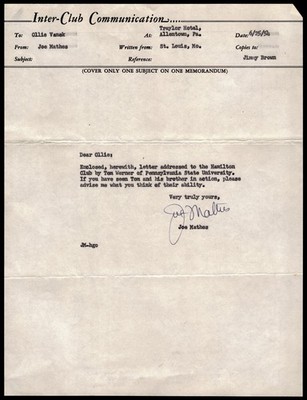 Joe Mathes St. Louis Cardinals Signed 1954 Letter to Ollie Vanek J ...