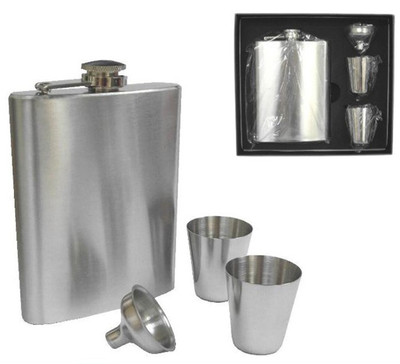 STAINLESS STEEL SILVER FLASK SET W FUNNEL AND SHOT GLASSES liquor hip ...