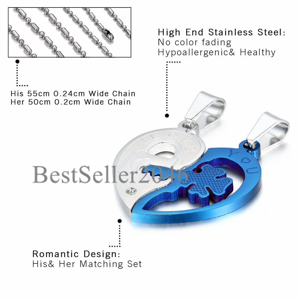 2pcs His&Hers Matching Heart Love Key Pendant Stainless Steel Couple ...