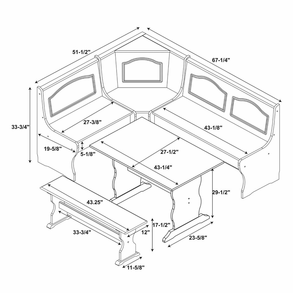 3 pc Walnut Wooden Breakfast Nook Dining Set Corner Booth Bench Kitchen ...