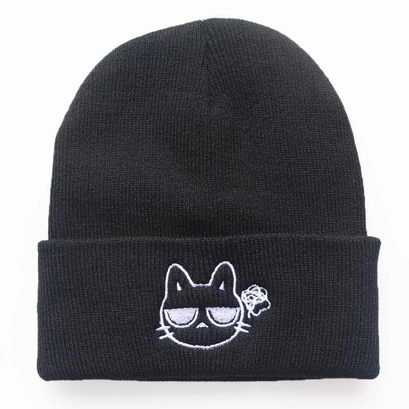 Weird Cute Cat Beanie Funny Face Embroidery Knit Hat Unisex Streetwear ...