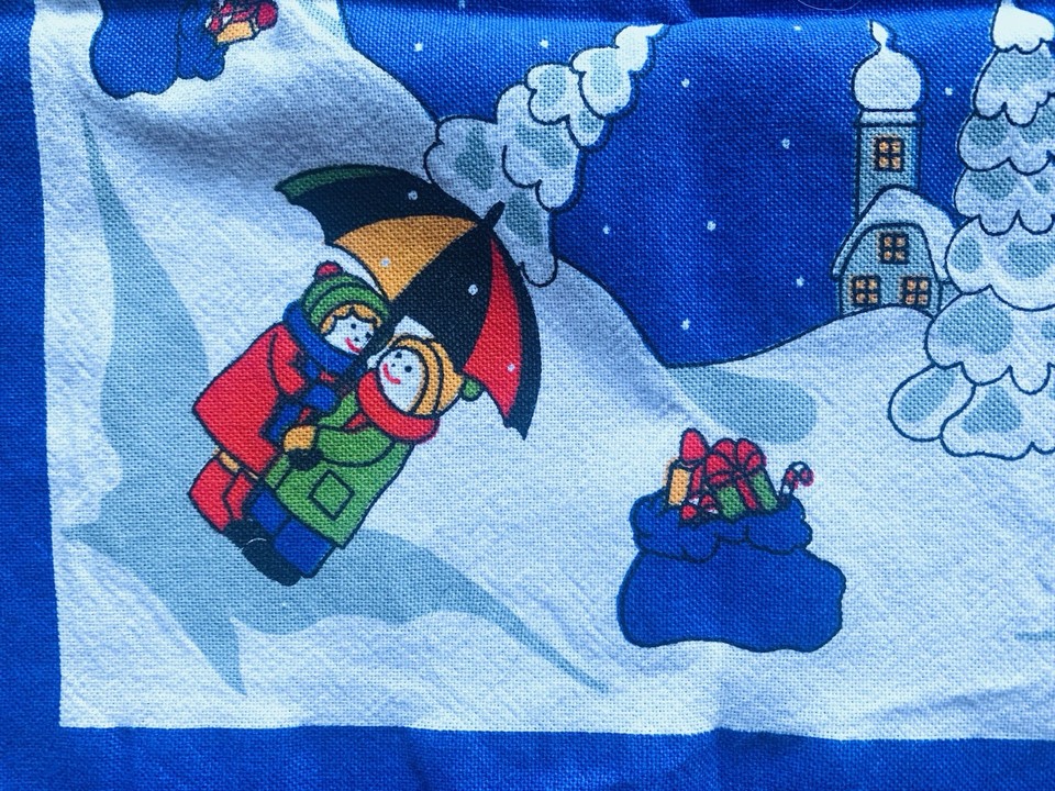 Vintage Germany Christmas Tablecloth-Kids Umbrellas Snow-Blue White ...