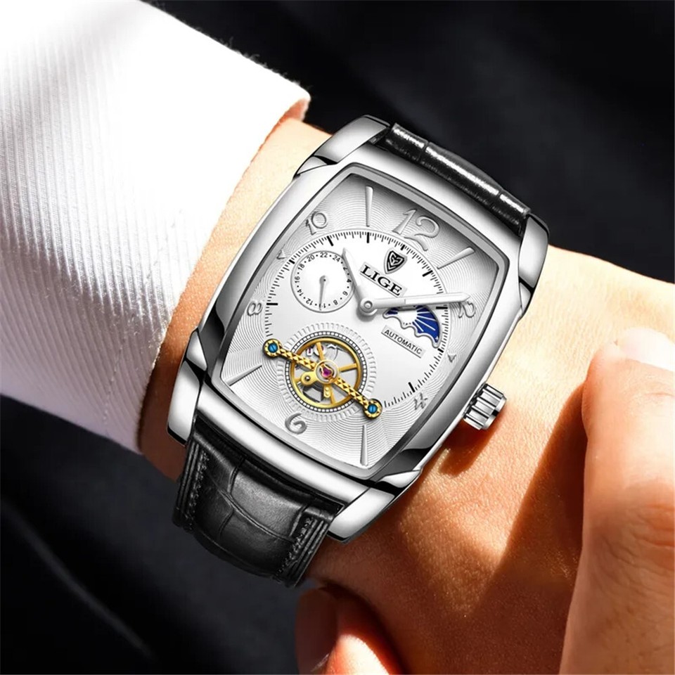LIGE Watch Men Mechanical Automatic Wristwatch Male Leather Rectangle ...