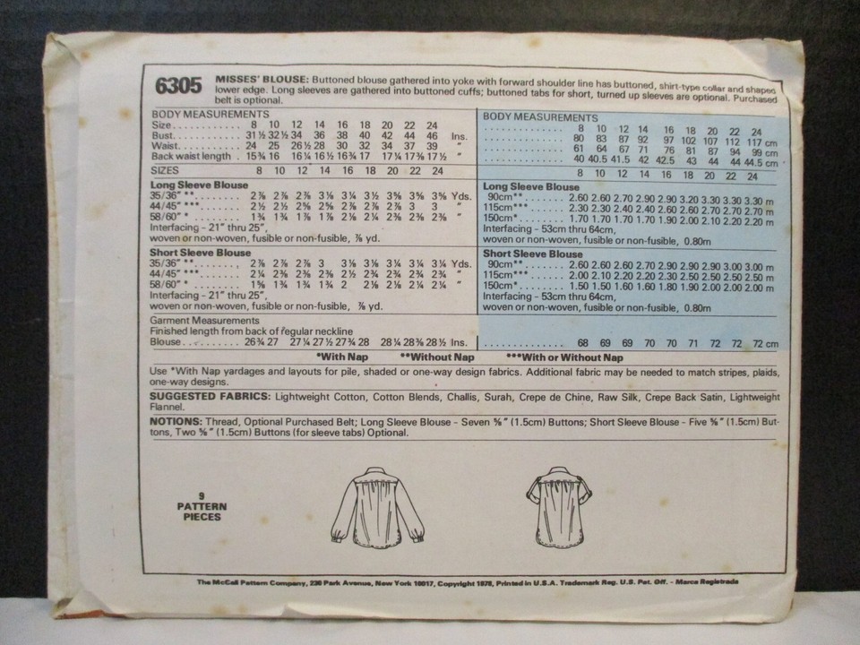 McCall's Pattern 6305 Miss Size 10 Bust 32.5 Blouse Long Short Sleeves ...