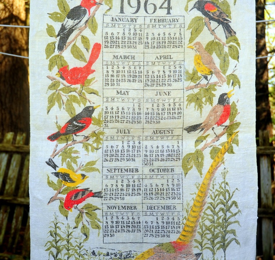 VTG 1964 Garden Songbird & Pheasant Calendar Tea Towel Birthday ...