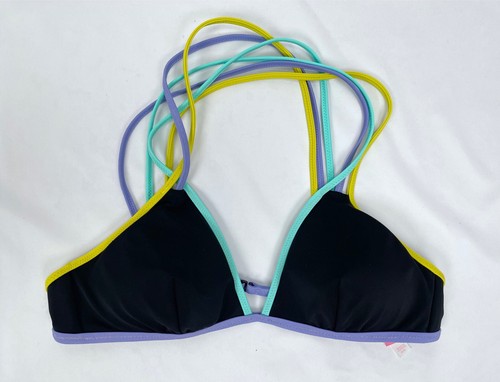 Victoria Secret Medium Black Strappy Swim Suit Bikini Top Padded Blue ...