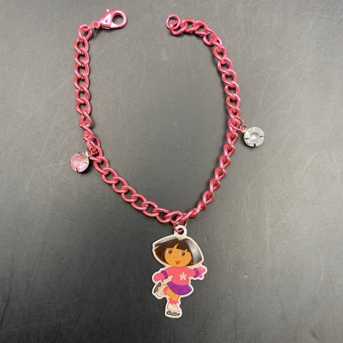 Dora The Explorer Charm Bracelet Pink Chain Rhinestone 7 Inch Vintage ...