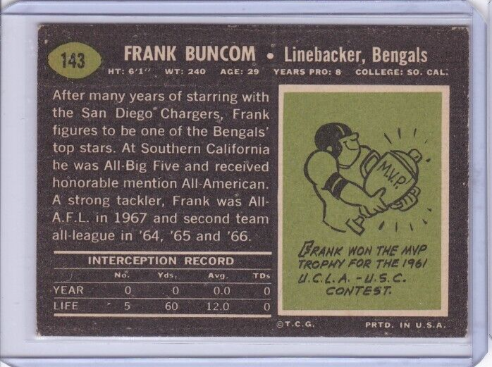 1969 Topps Football #143 FRANK BUNCOM BENGALS | eBay