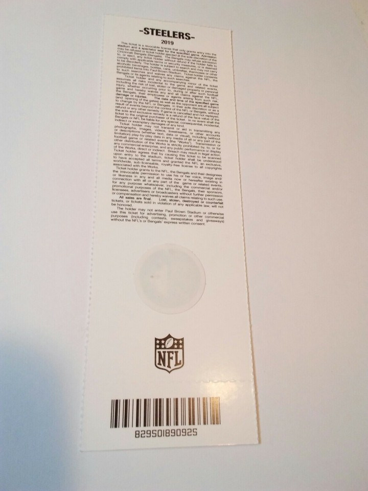2019 Cincinnati Bengals Pittsburgh Steelers NFL Football Full Ticket ...