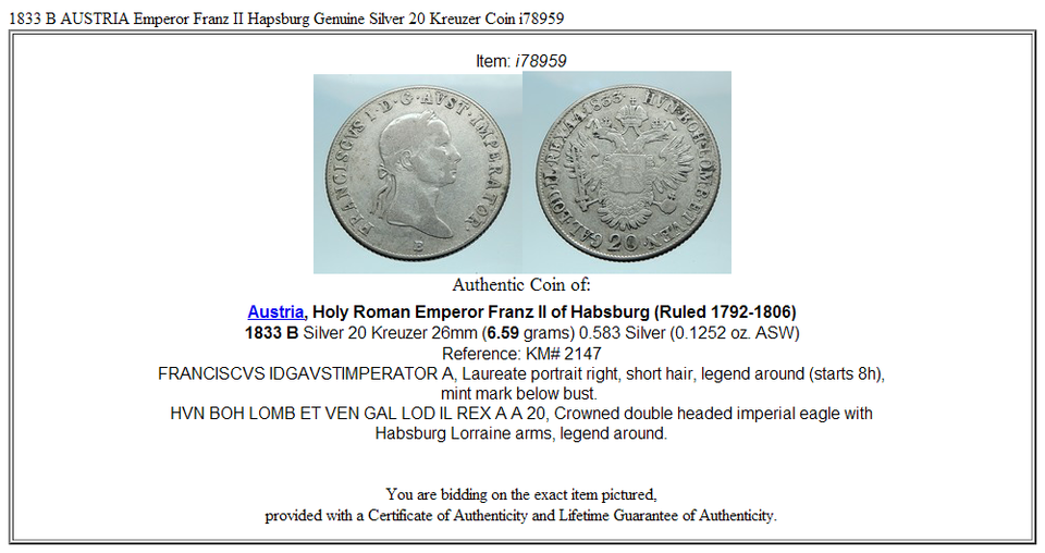 1833 B AUSTRIA Emperor Franz II Hapsburg Genuine Silver 20 Kreuzer Coin ...