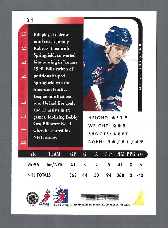Bill Berg AUTOGRAPH New York Rangers 1996-97 Pinnacle Be A Player AUTO ...