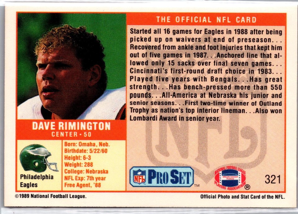 1989 Pro Set Dave Rimington Rookie Card #321 Philadelphia Eagles | eBay